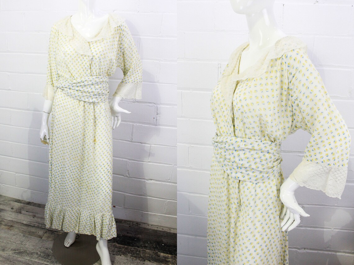 Antique 1800s Victorian Wrapper Dress Calico Yellow Floral Print With ...