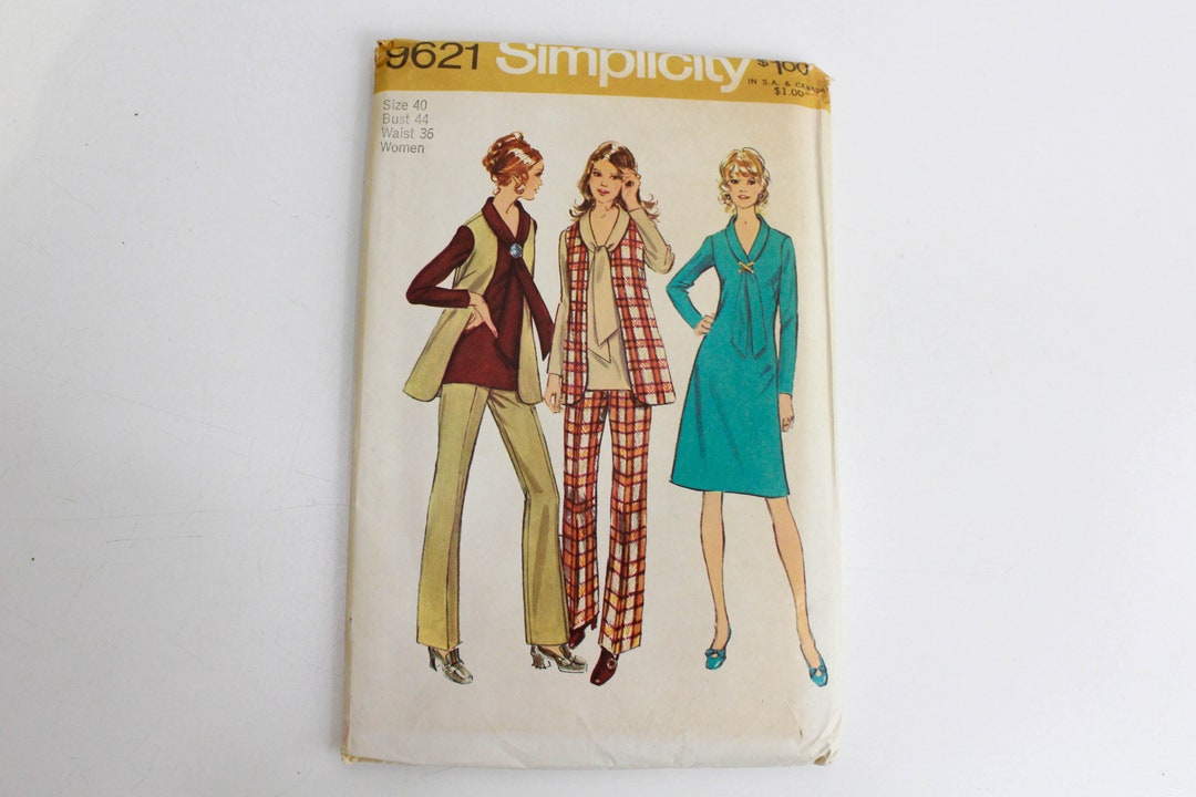 1970s Dress or Tunic, Pants and Vest Sewing Pattern Simplicity 9621 ...