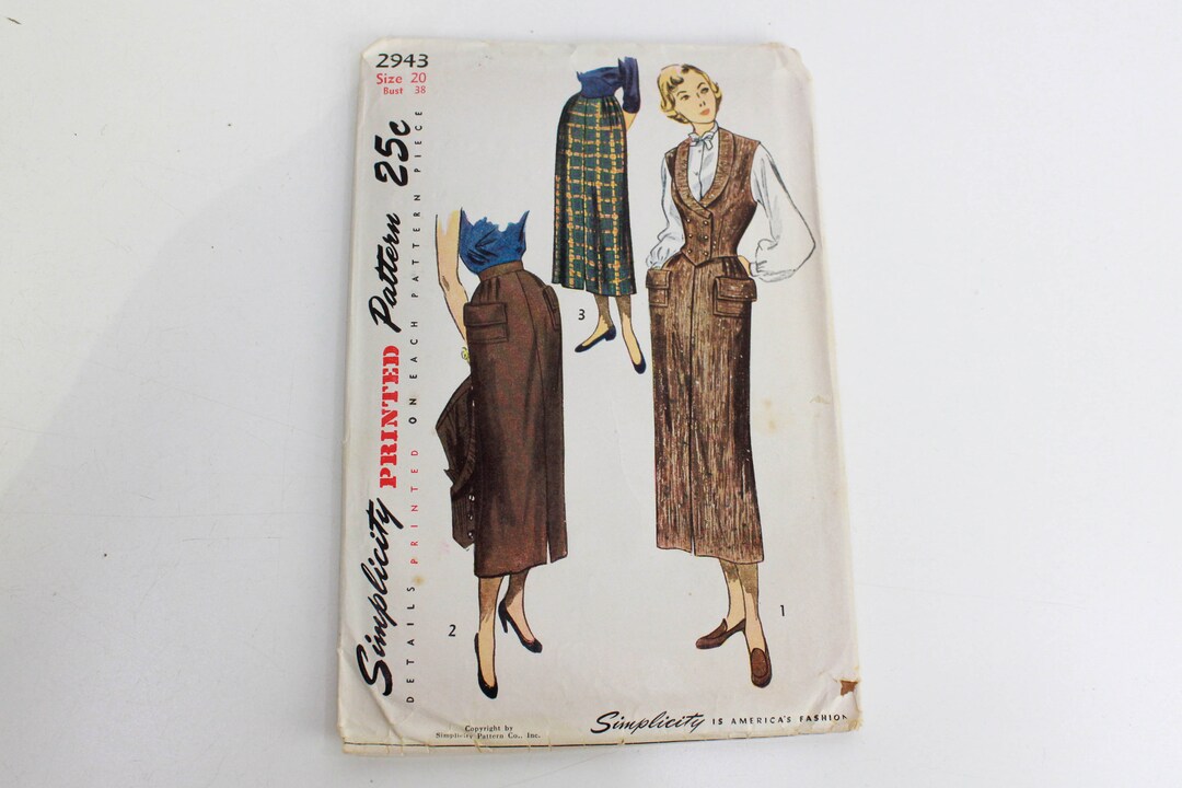 1940s Skirt and Weskit Sewing Pattern Simplicity 2943, Waist 32 ...