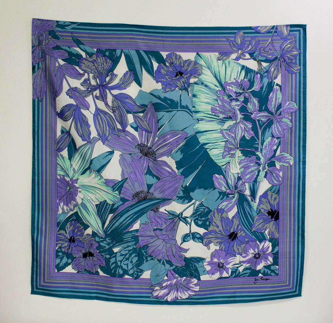 Silk Jim Thompson Scarf, Vintage Floral Print Large Square Scarf, 34 X ...