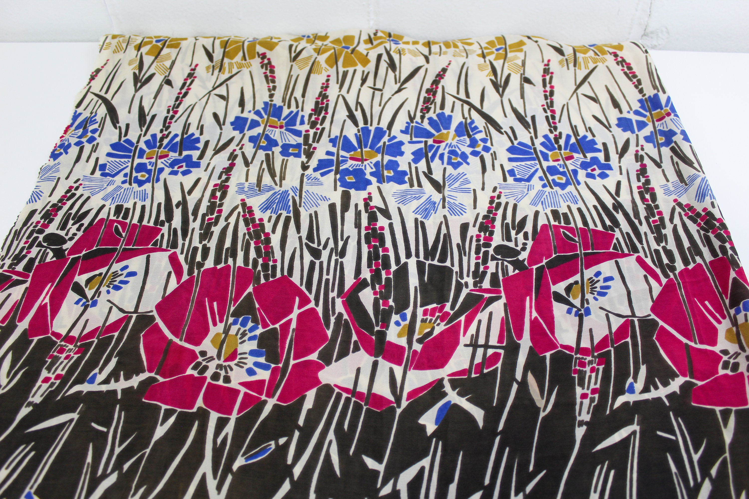 1920s Silk Fabric, Art Deco Floral Print Large Flowers Magenta, Blue ...