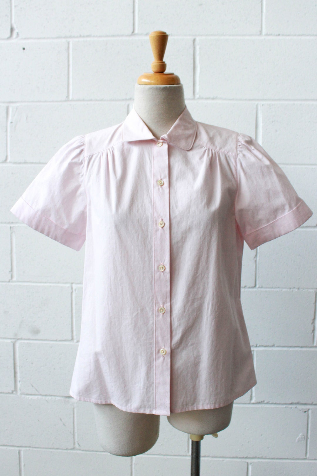 Pink Puff Sleeve Blouse, S/M, Crisp Cotton Button up Collared Short ...