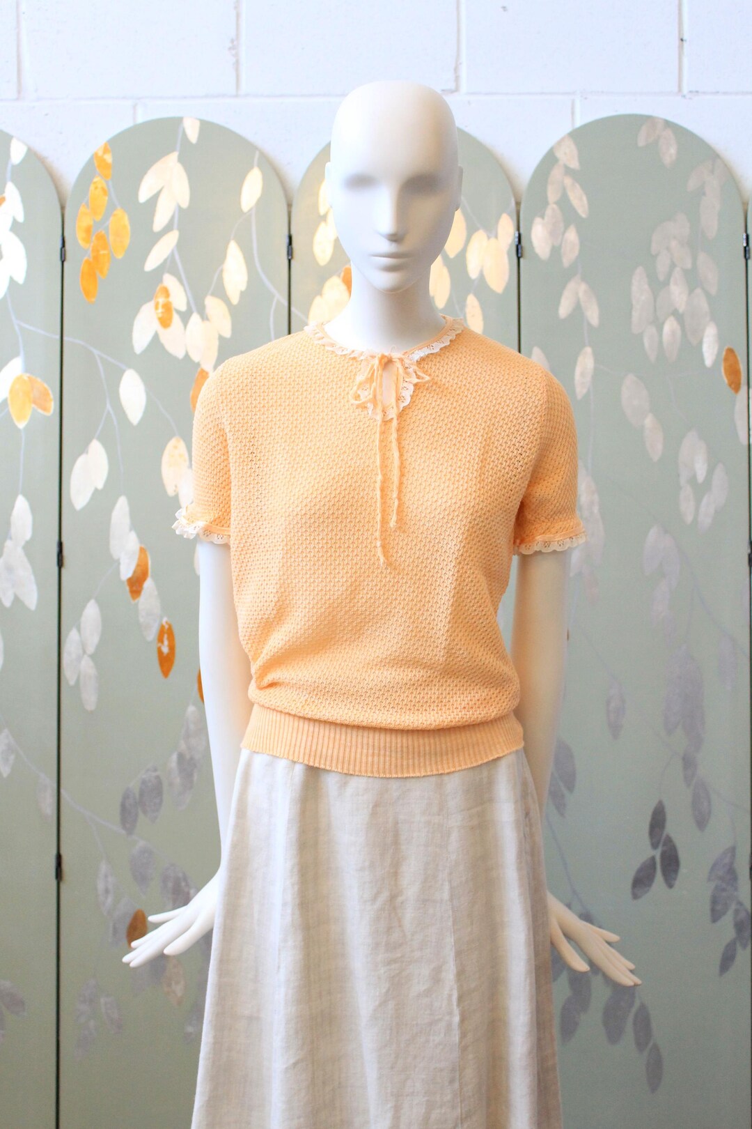 1980s Ultra Feminine Deadstock Short Sleeve Peach Knit Top With Lace ...