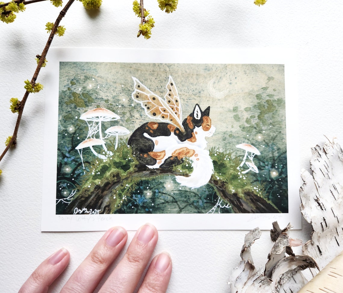 Cat Art Print - Fairy Kitty's Perch - Fantasy Art. Whimsical Art ...
