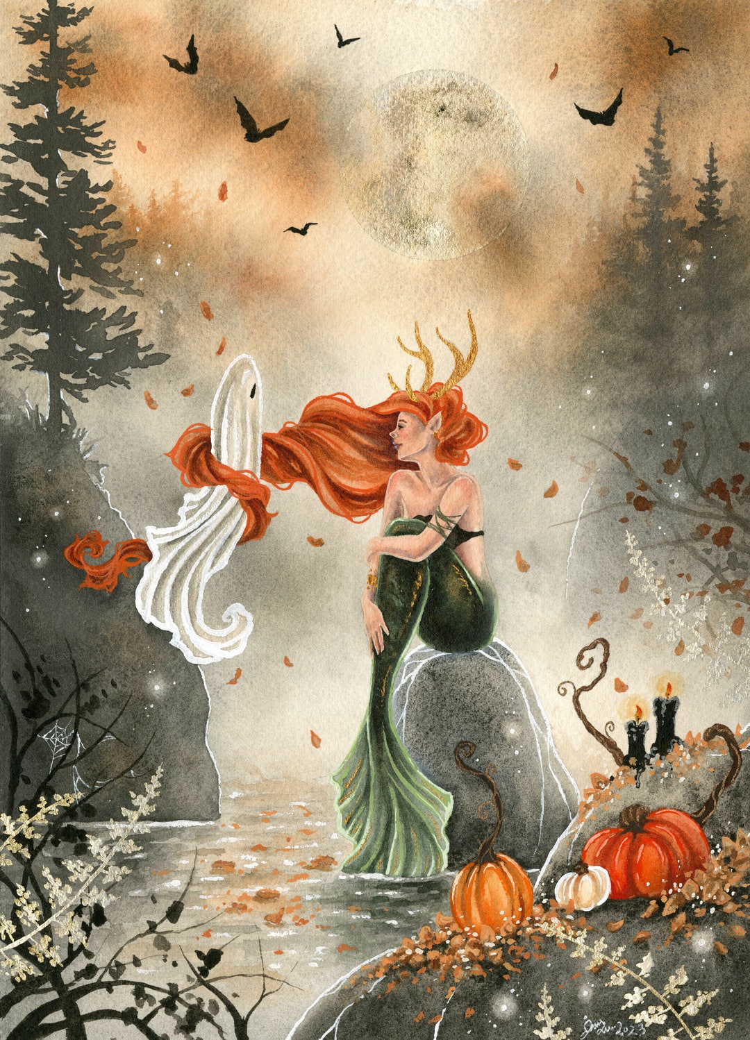 Mermaid Art Watercolor Print - Ghosty Meets a Mermaid - Fantasy Art ...