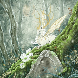 Fantasy Art Print - Where the Green Moss Grows - Dragon Art. Watercolor ...