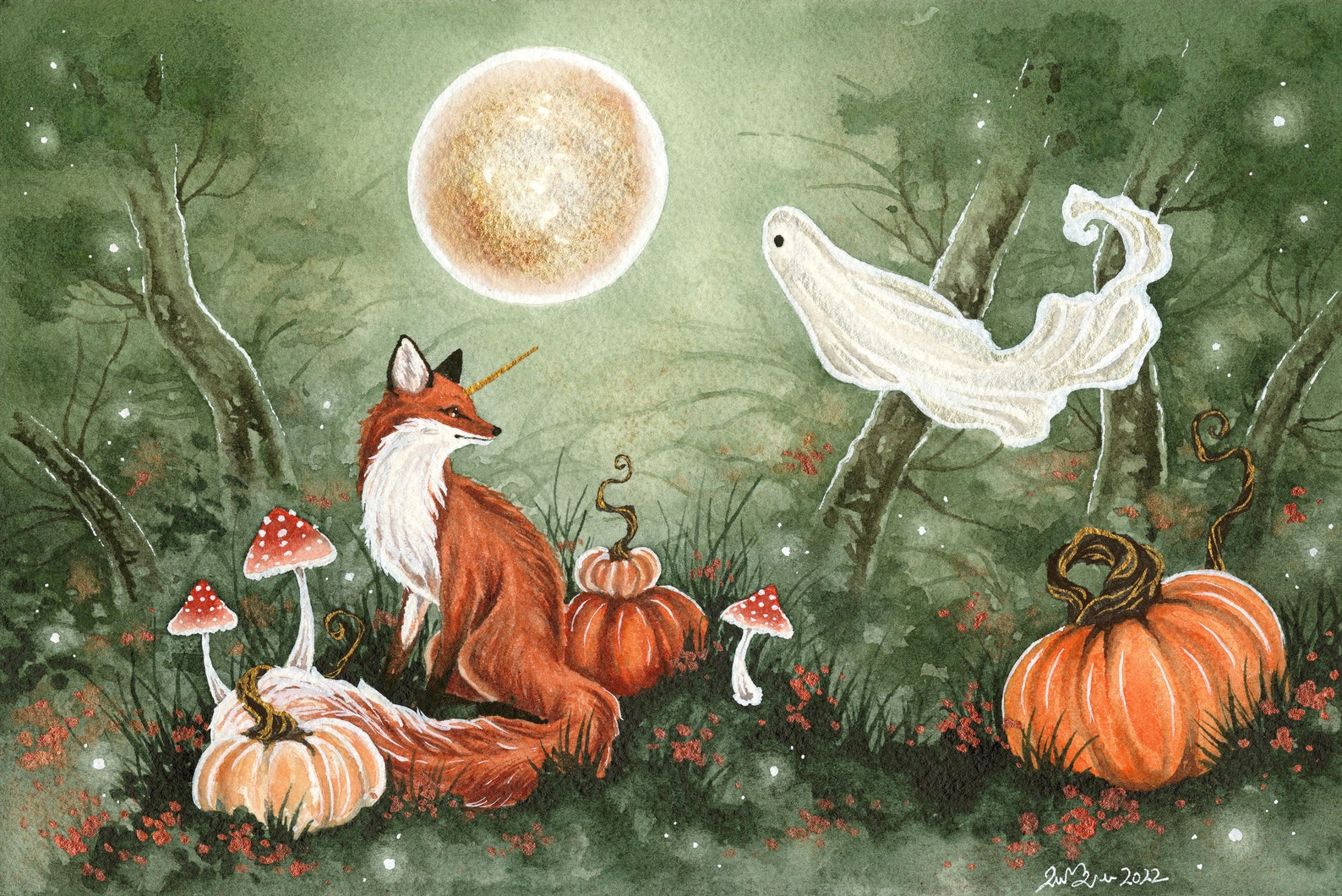 Fox Art Watercolor Print - Ghosty Meets a Foxicorn - Fantasy Art ...
