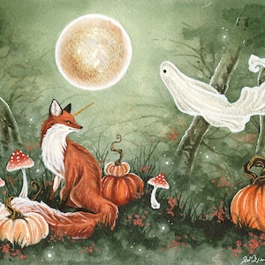 Fox Art Watercolor Print - Ghosty Meets a Foxicorn - Fantasy Art ...
