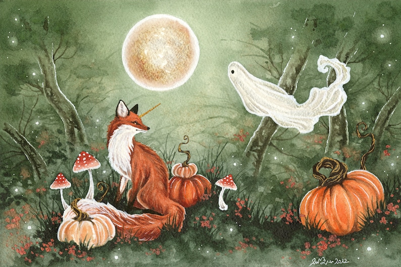 Fox Art Watercolor Print - Ghosty Meets a Foxicorn - Fantasy Art ...