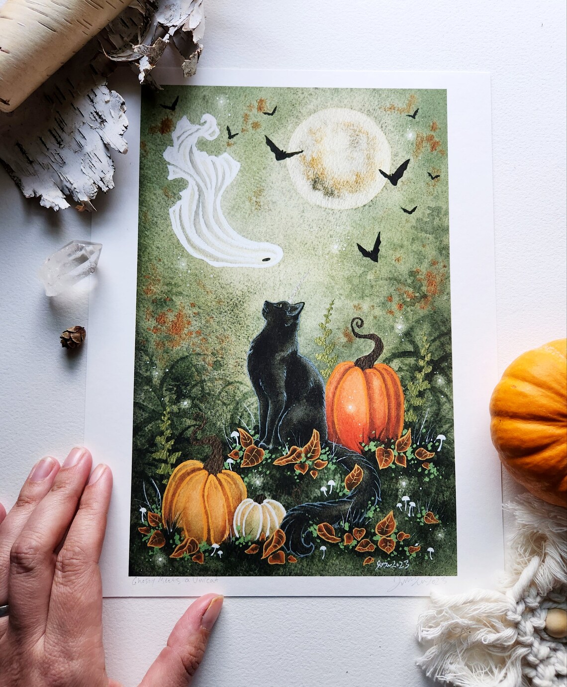 Cat Art Watercolor Print - Ghosty Meets a Unicat - Fantasy Art ...
