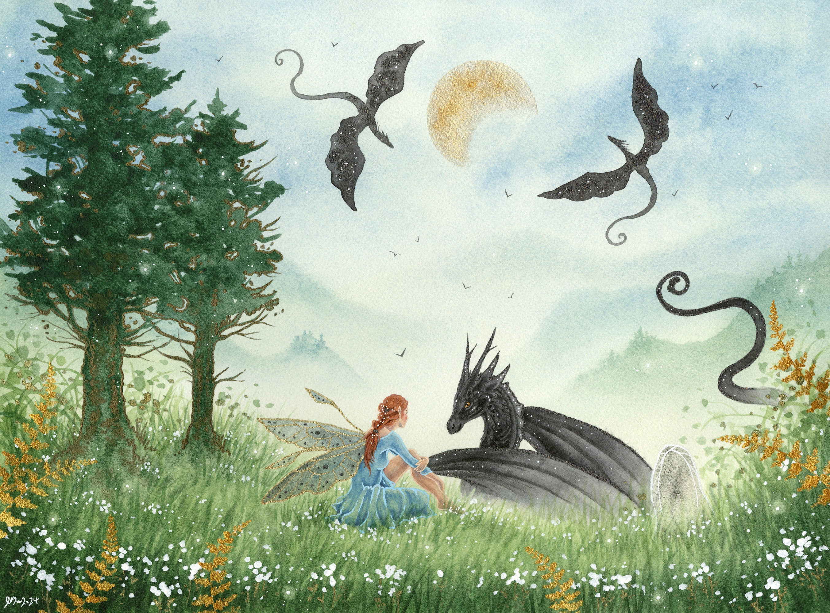 Dragon Art Print - Valley of Dragons - Fantasy Art. Watercolor Art ...