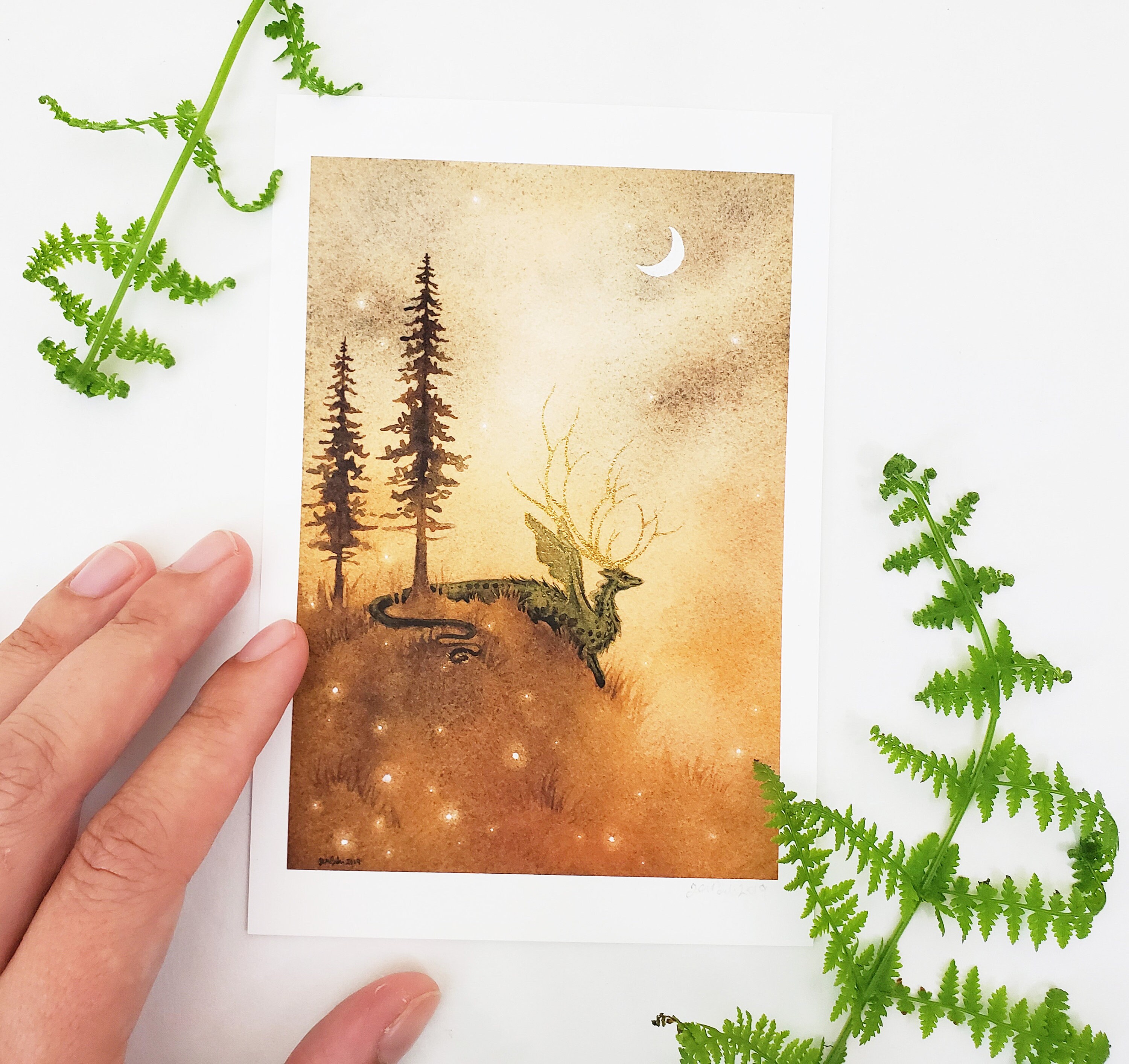 Fantasy Art Watercolor Print Crescent and Rust Dragon. | Etsy