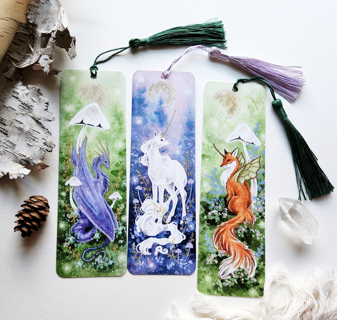 Whimsical Bookmarks - Set of Three - Fox Art. Unicorn Art. Dragon Art ...