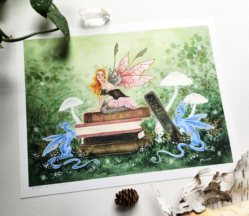 Fairy Art Watercolor Print - Keepers of the Books - Fantasy Art. Dragon ...