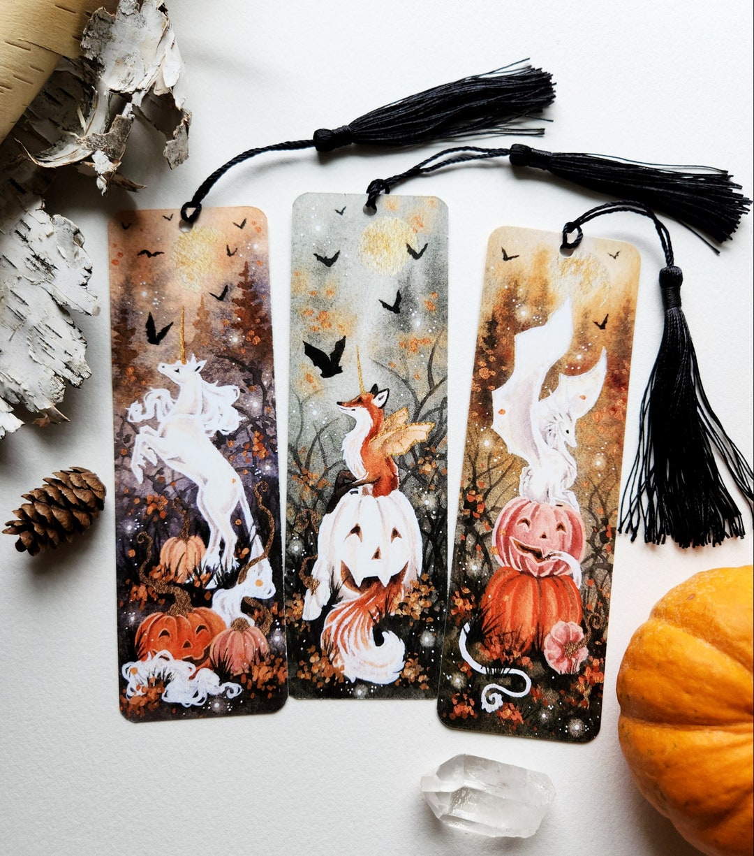 Whimsical Fall Bookmarks - Set of Three - Fox Art. Unicorn Art. Dragon ...