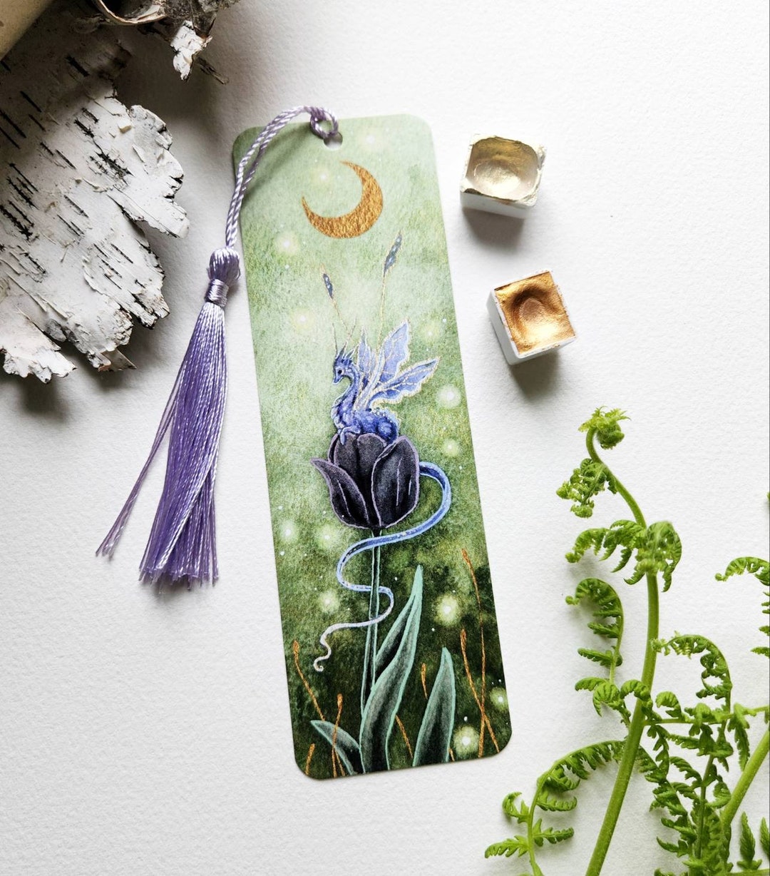 Dragon Bookmark - Fantasy Art, Purple Tulip & Silky Tassel - Etsy