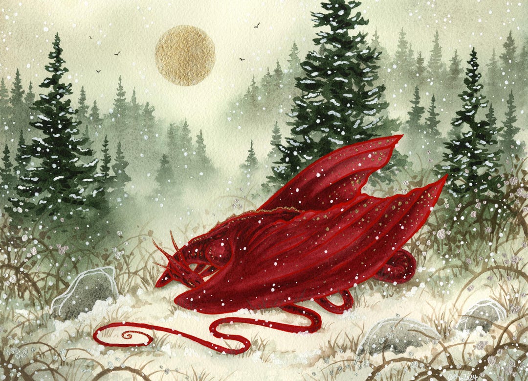 Dragon Art Print - Winter's Peace - Fantasy Art. Watercolor Art ...