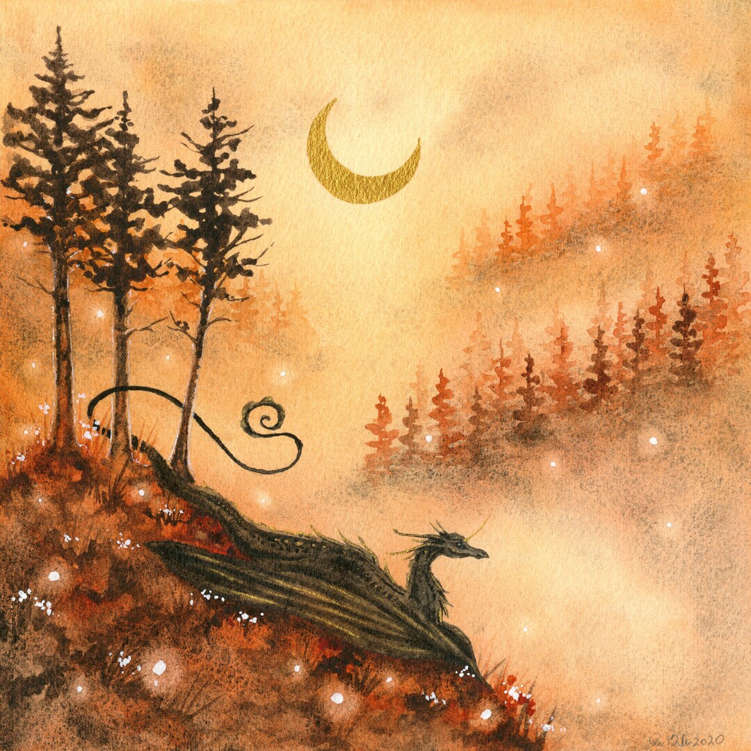 Fantasy Art Watercolor Print - Autumn Peaceful - Dragon Art. Forest ...
