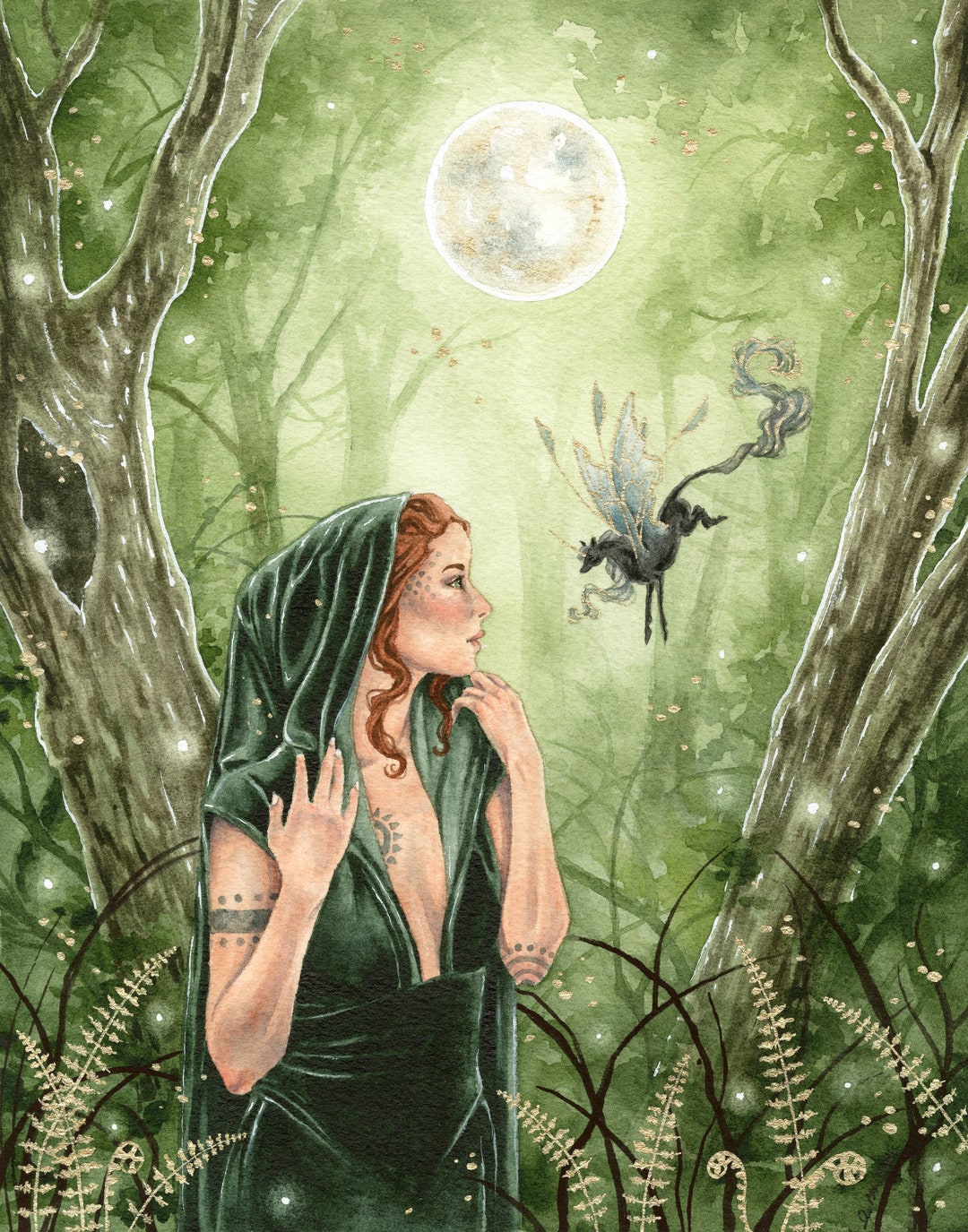 Fantasy Art Watercolor Print Rhiannon Goddess. Unicorn. Forest. Wild ...