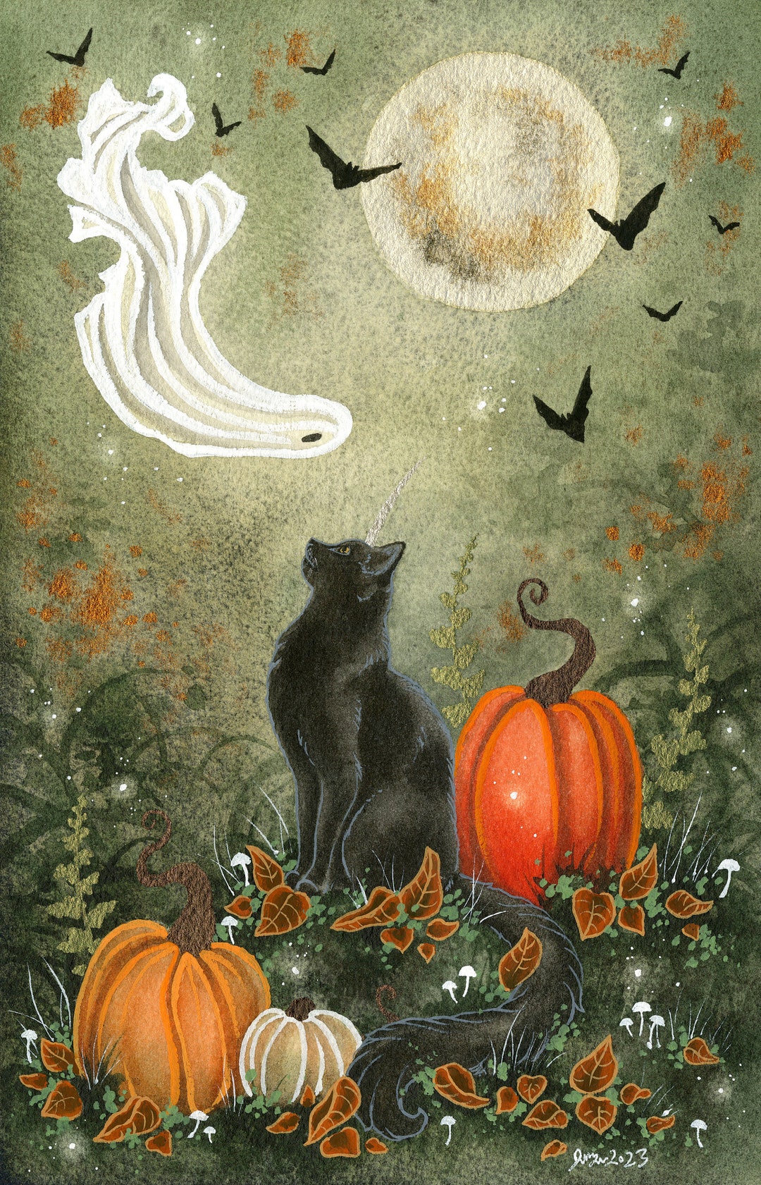 Cat Art Watercolor Print - Ghosty Meets a Unicat - Fantasy Art ...