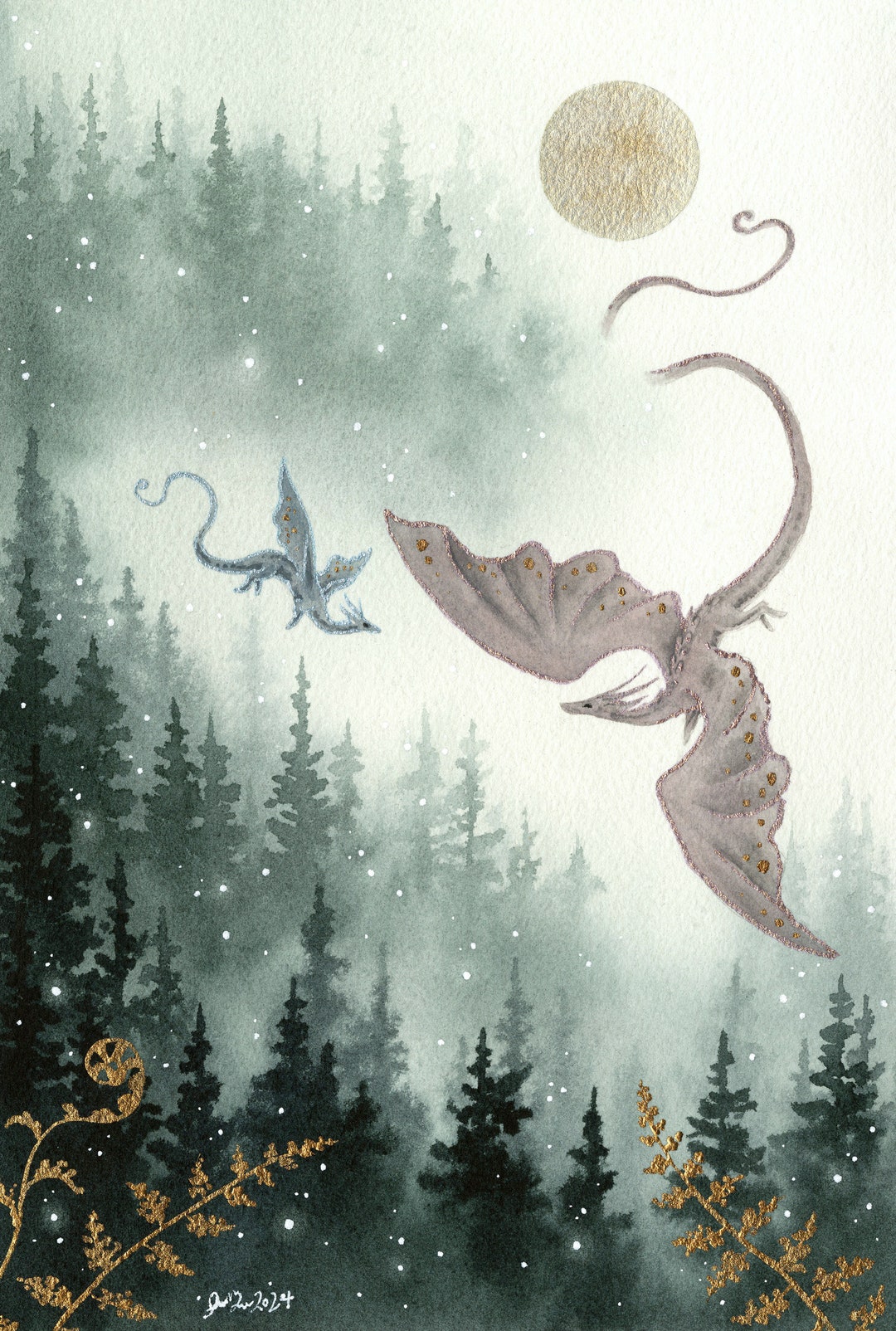 Dragon Art Print - Blue Pine Dance - Fantasy Art. Watercolor Art ...