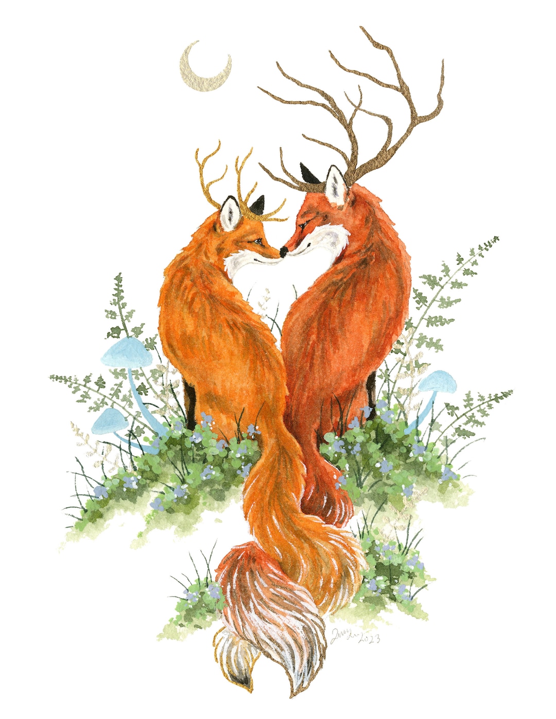 Fox Art Watercolor Print - Vulpine Love - Fantasy Art. Whimsical Art ...