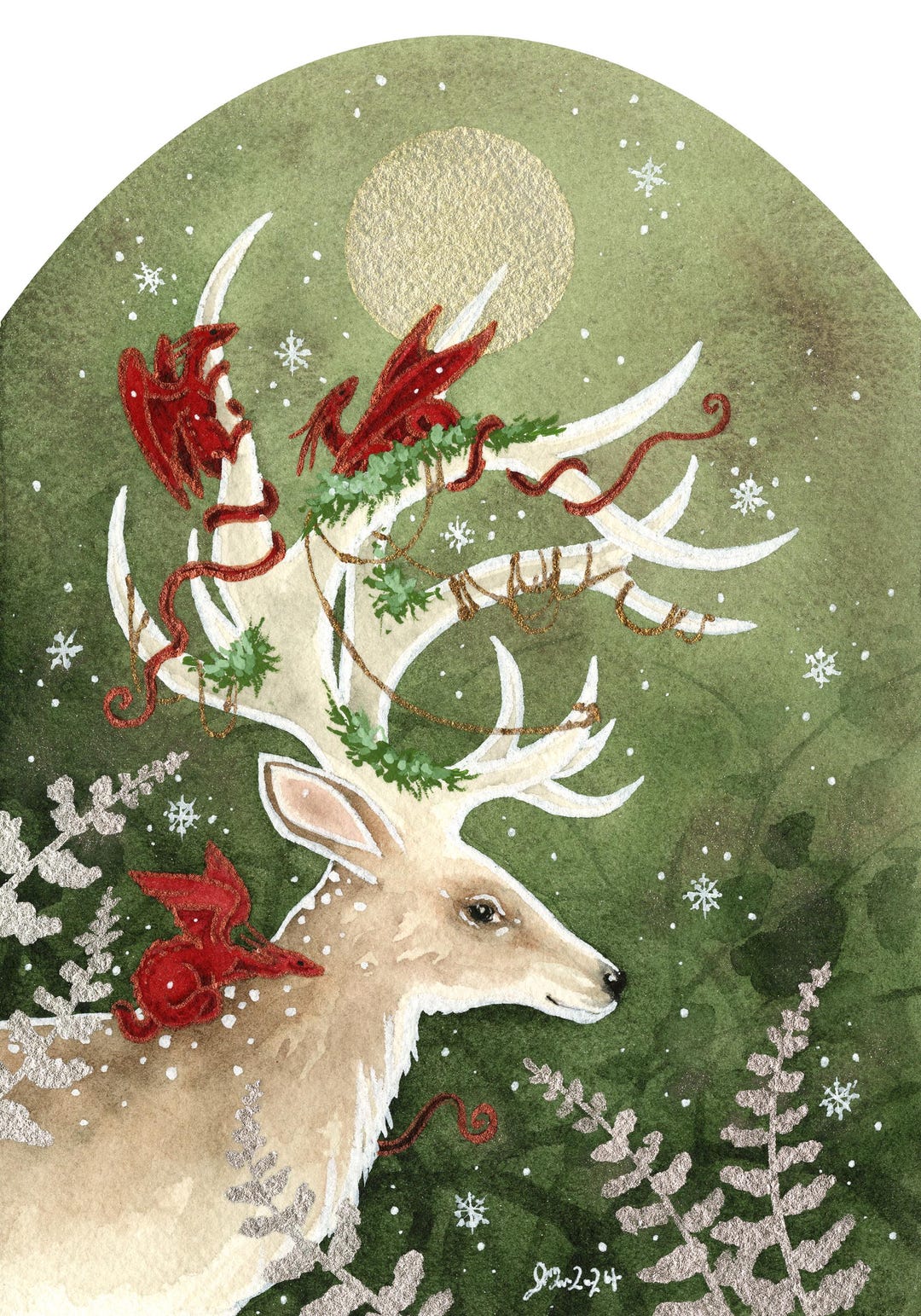Dragon Art Print - Reindeer's Tiny Friends - Fantasy Art. Whimsical Art ...