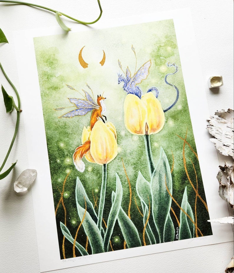 Whimsical Art Print - the Magic of Tulips - Fox Art. Dragon Art. Flower ...