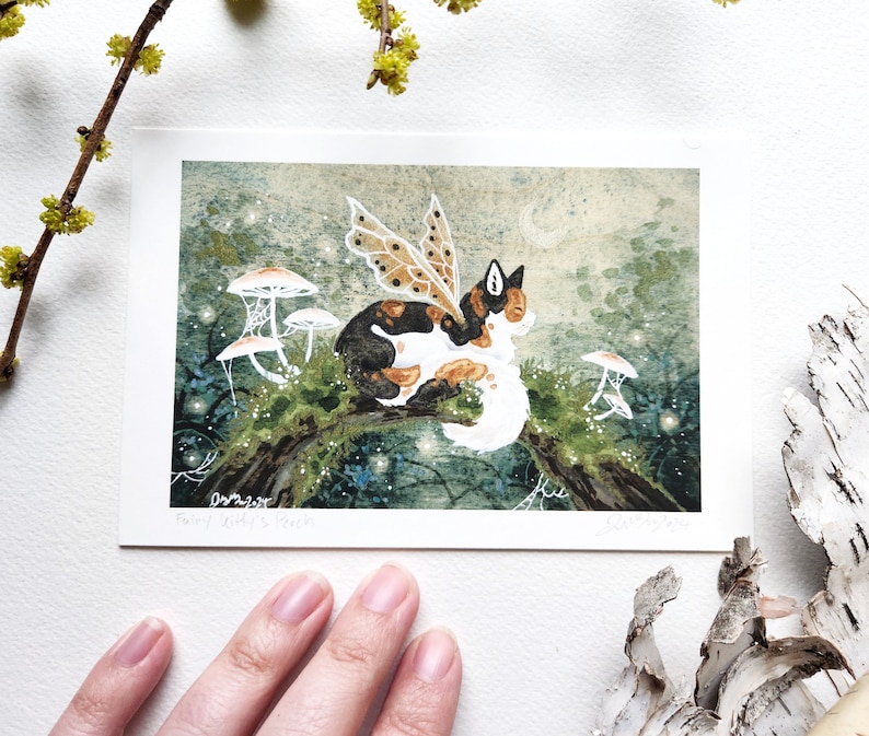 Cat Art Print - Fairy Kitty's Perch - Fantasy Art. Whimsical Art ...