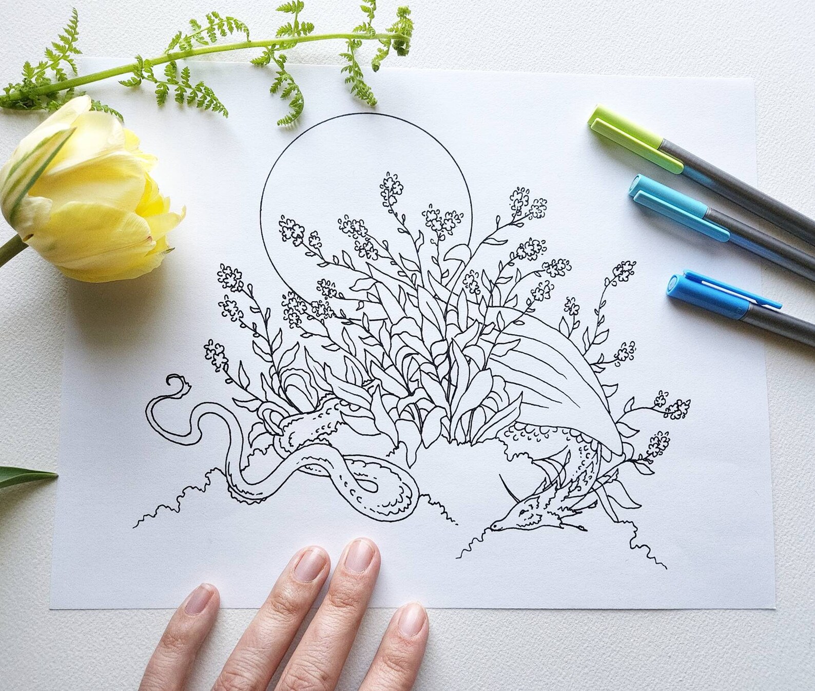 Dragon Art Downloadable Coloring Page Fantasy Art. Flower | Etsy