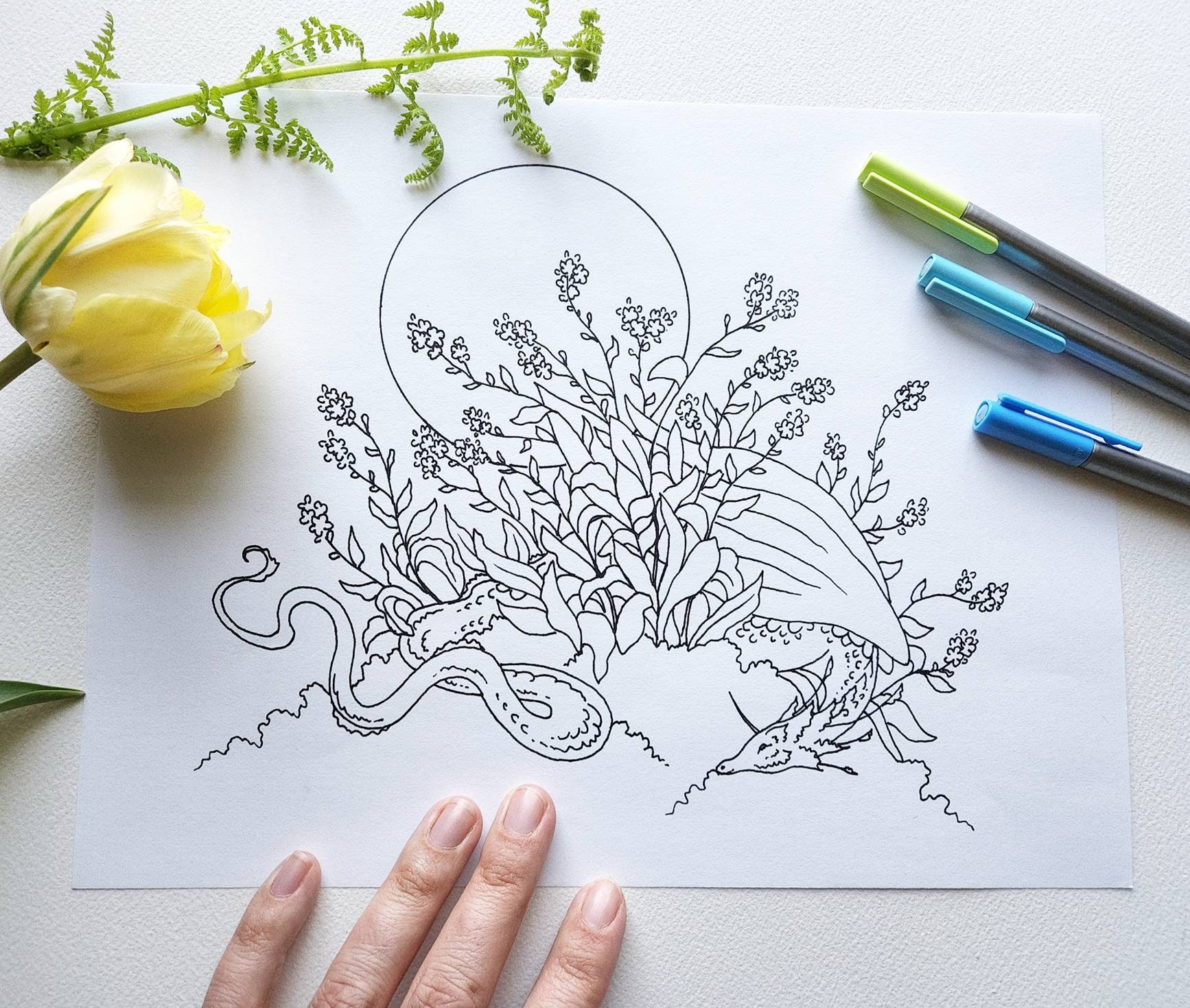 Dragon Art Downloadable Coloring Page Fantasy Art. Flower - Etsy