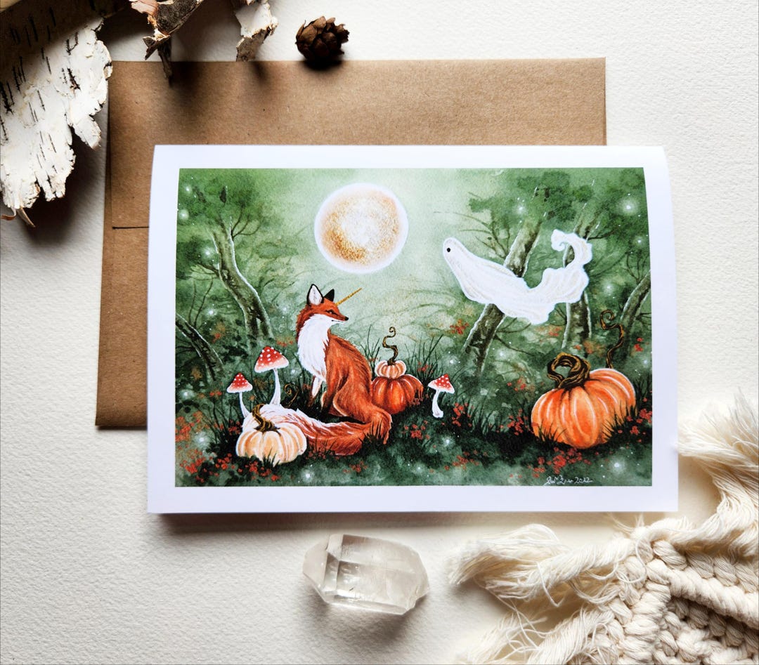 Fox Art Note Card - Ghosty Meets a Foxicorn - Blank - A6 Size ...