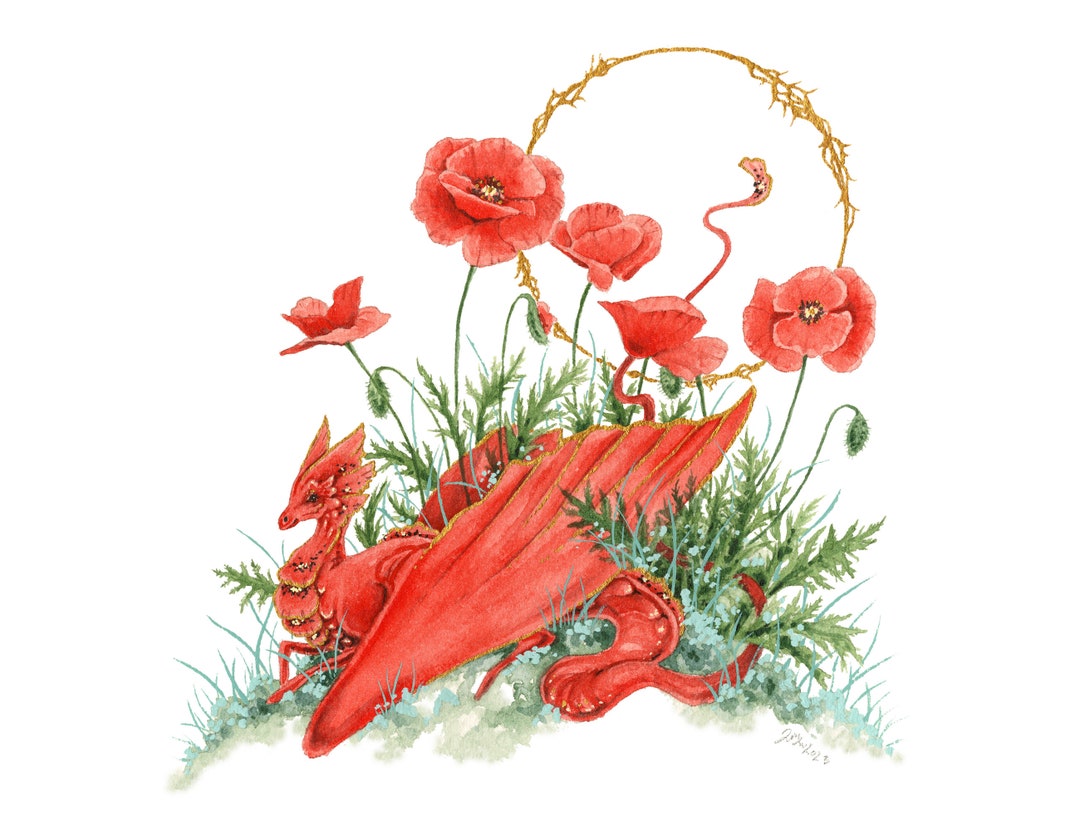 Dragon Art Watercolor Print - Poppy Dragon - Fantasy Art. Whimsical ...