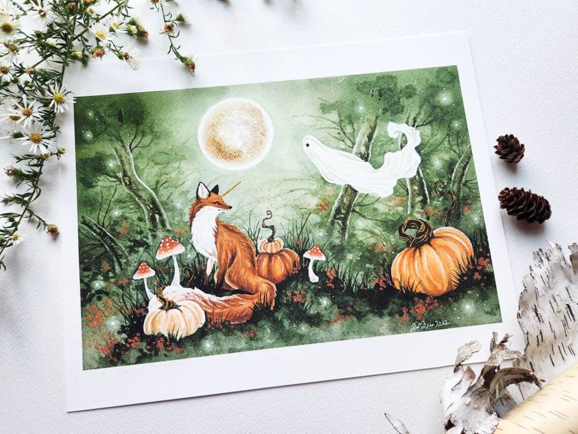 Fox Art Watercolor Print - Ghosty Meets a Foxicorn - Fantasy Art ...