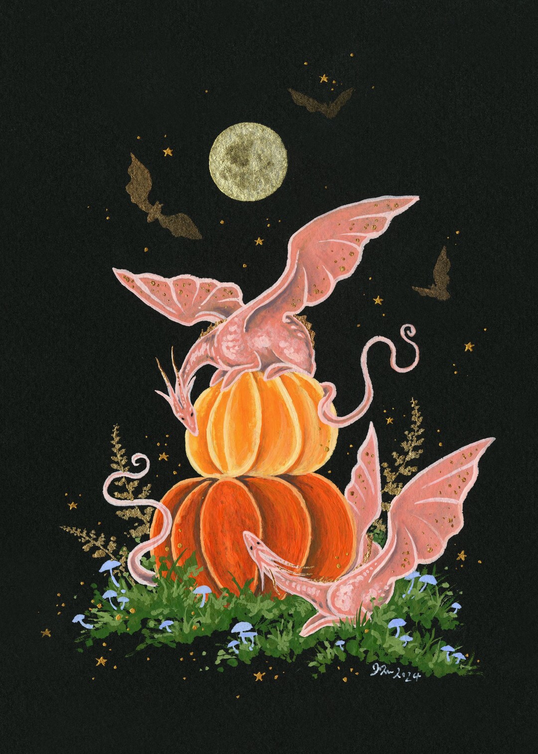 Dragon Art Watercolor Print - Pumpkin Play - Fantasy Art. Whimsical Art ...