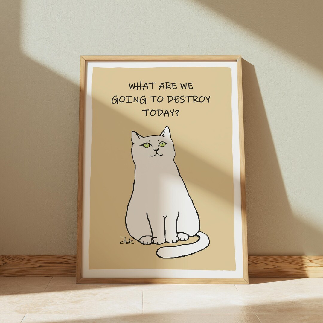 Funny White Cat Poster, Hand Drawn Cat Print, Chaos Cat, Cute Kitten ...