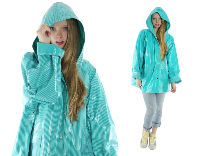 80s Vinyl PVC Raincoat Slicker Plus Size XL Aqua Striped Reversible ...