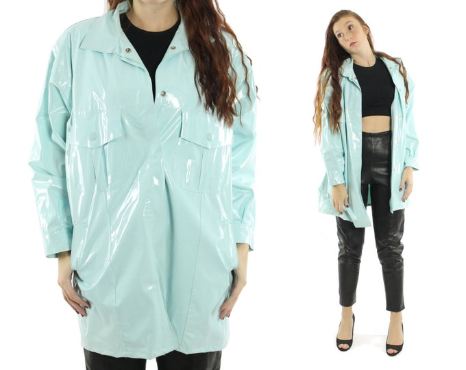 Vintage 80s Vinyl Raincoat Waterproof Rain Coat Aqua PVC Jacket 1980s ...