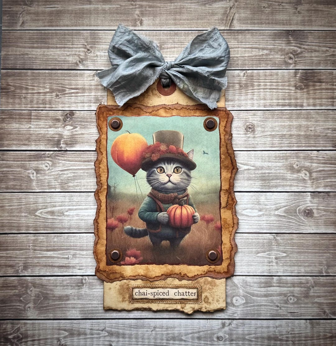Chai-spiced Chatter Kitty Cat Art Tag, Mixed Media Hang Tag Ornament ...