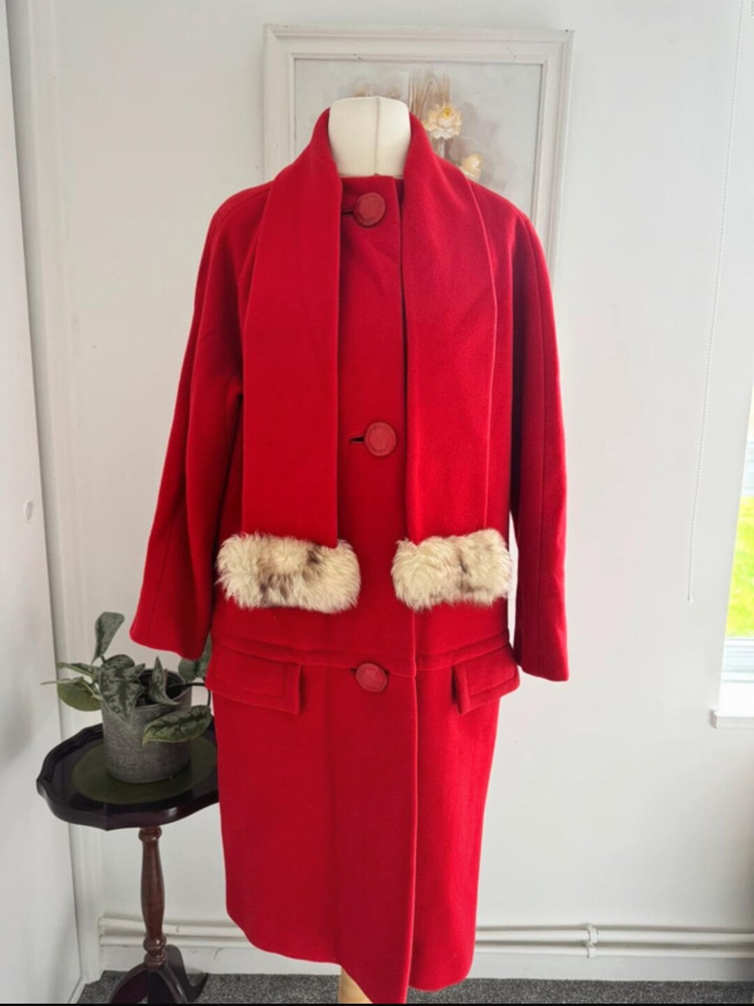 Vintage 1950s Red Wool Coat – Frances Mantles London – Faux Fur Trimmed ...
