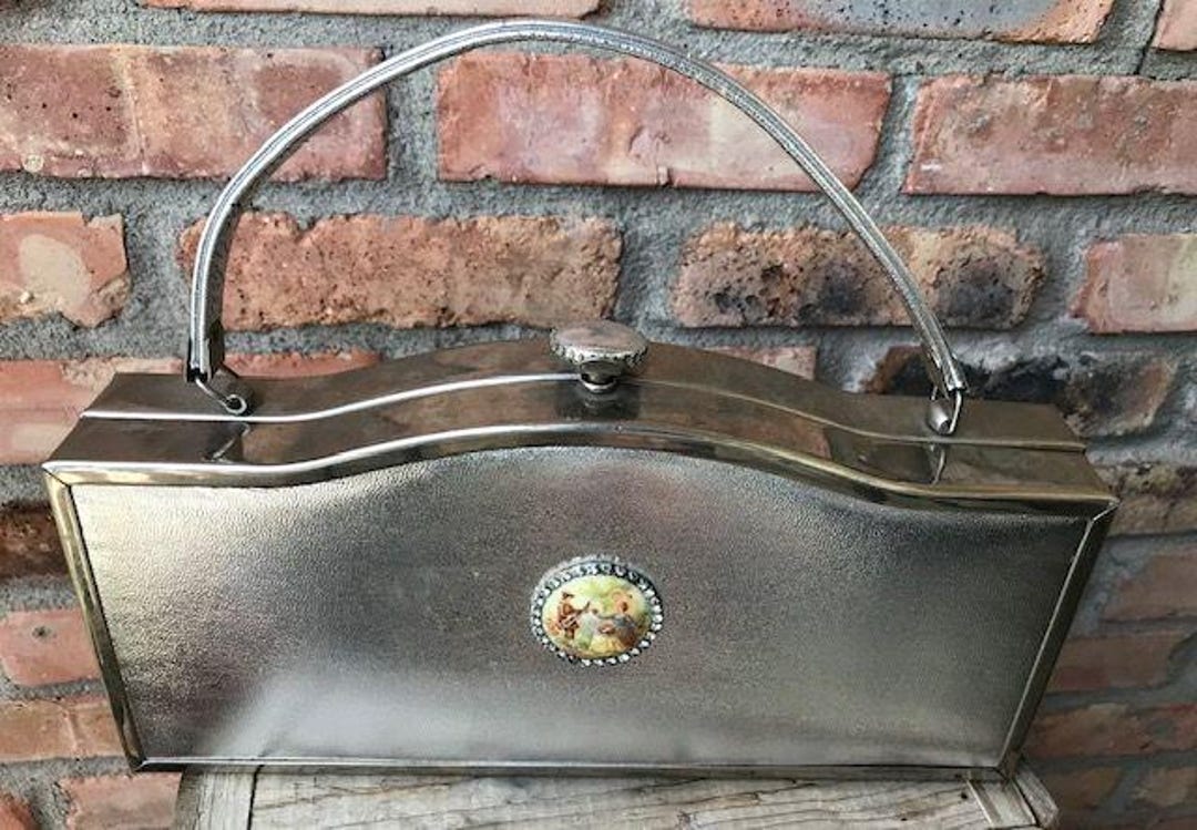 Vintage 1950s 60s Long Silver Vinyl Purse With Rhinestones, Romantic ...