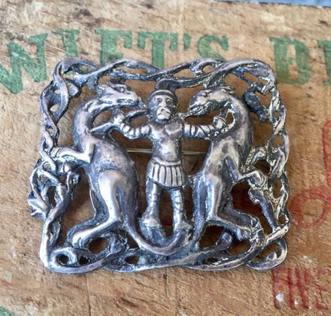 Vintage Sterling Silver Dragon Slayer Brooch, Ornate Openwork Swirling ...