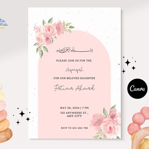 Editable Islamic Aqeeqah Invitation for Baby Girl | Pink Floral ...