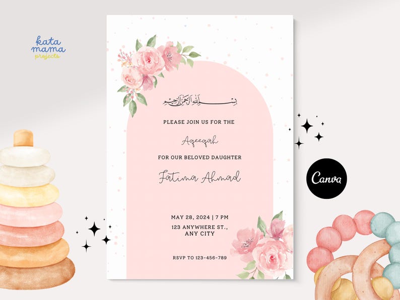 Editable Islamic Aqeeqah Invitation for Baby Girl | Pink Floral ...
