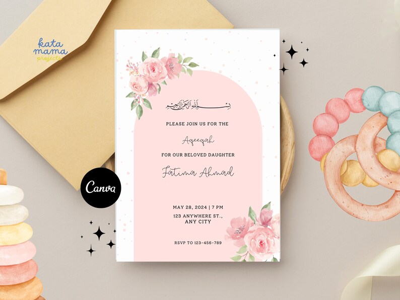 Editable Islamic Aqeeqah Invitation for Baby Girl | Pink Floral ...
