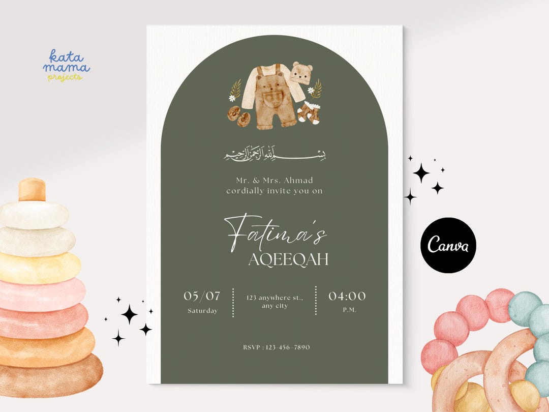 Aqeeqah Invitation Gender Neutral | Muslim Baby Naming Ceremony Card ...