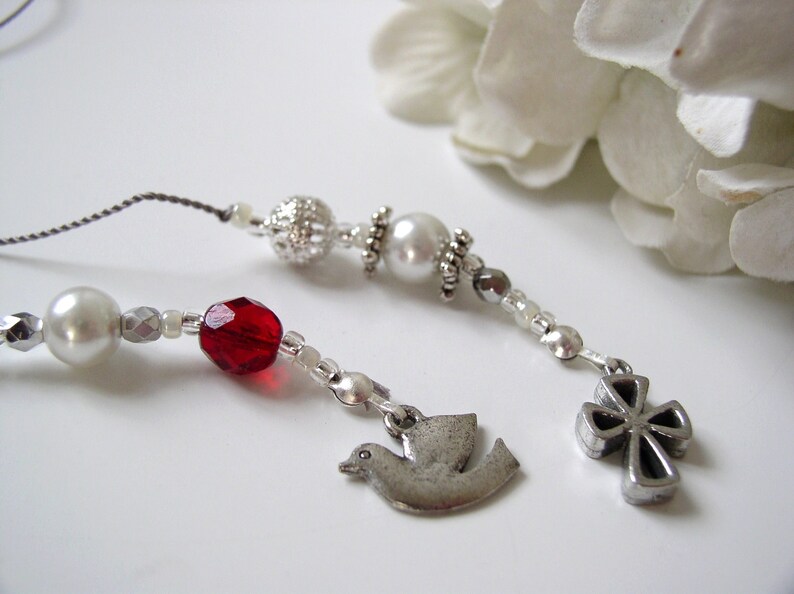 Confirmation Cross and Dove Bookmark - Beaded Book Thong in Ruby Red ...