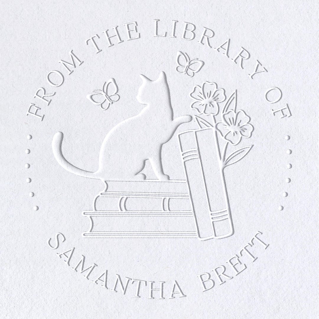 Custom Book Embosser or Book Stamp, Personalized Whimsical Cat Lover ...