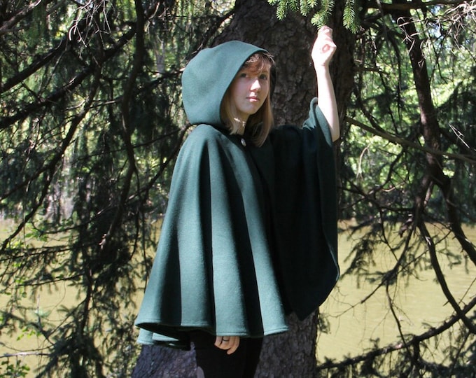 Spruce Green Cape - Wool Cape - Mid-length Cape - Cape With Hood ...