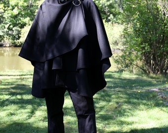 Double Cape Wool Cape Black Cape Cape With Hood Hooded | Etsy